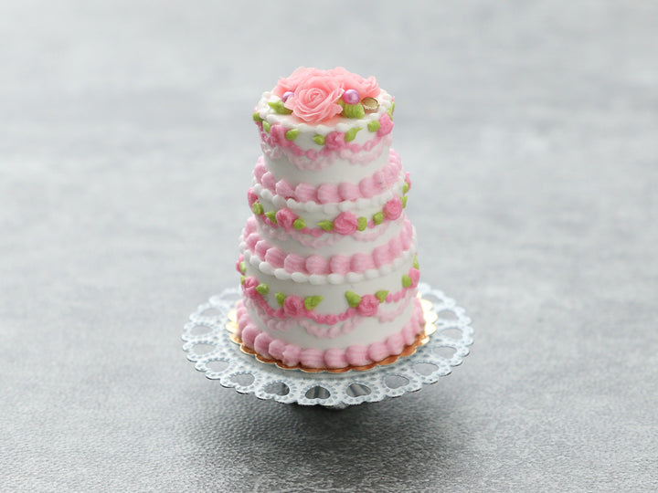 Three-Tiered Pink Rose Celebration Cake - Handmade Miniature Food ...