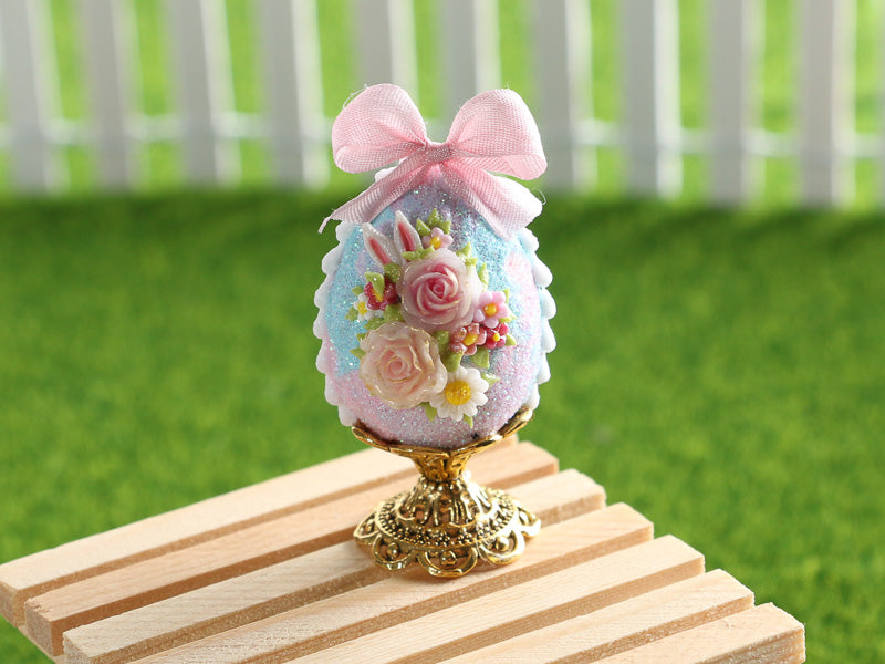 Pink & Blue Easter Egg Decorated with Roses and Tiny Bunny Ears - Doll ...