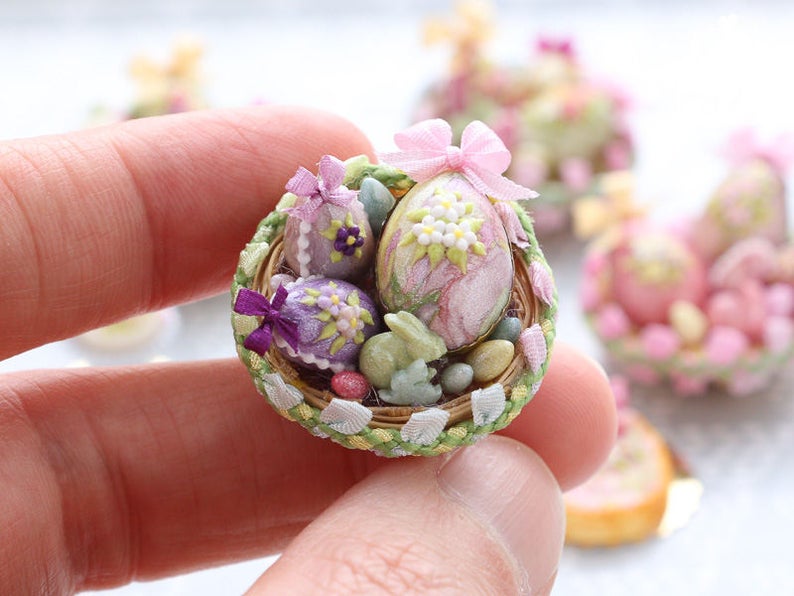 Beautiful Handmade Miniature Easter Basket Filled with Colourful Eggs ...